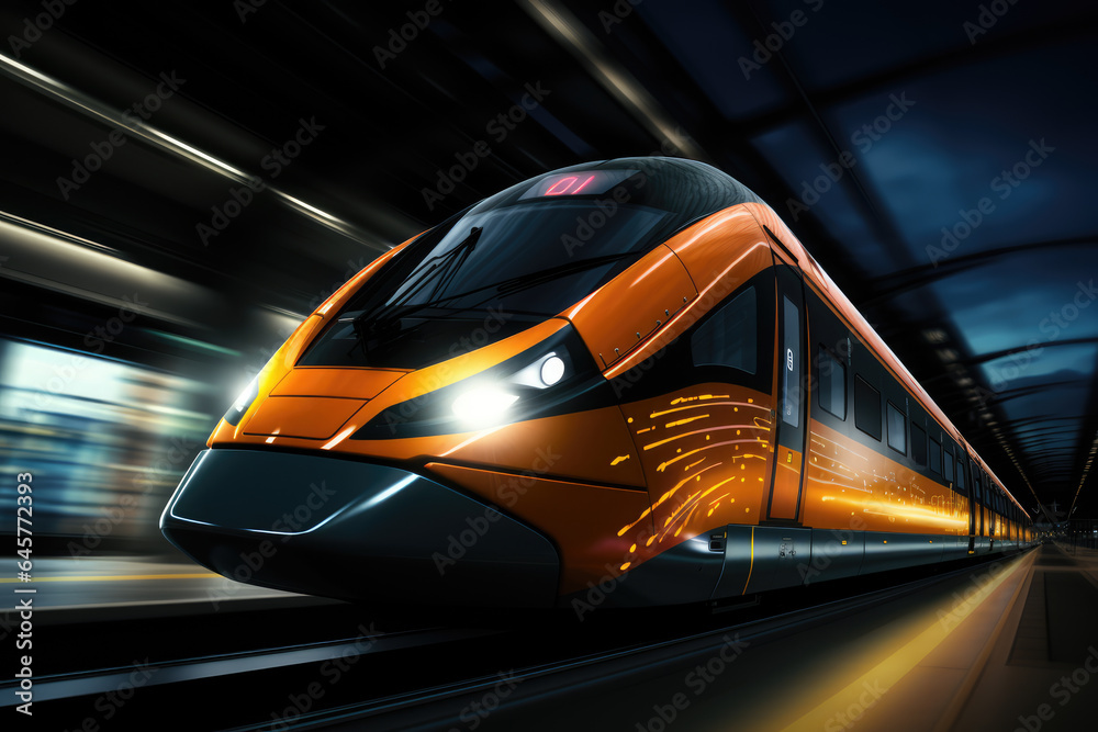 High speed train in motion on the railway station at sunset. Fast ...