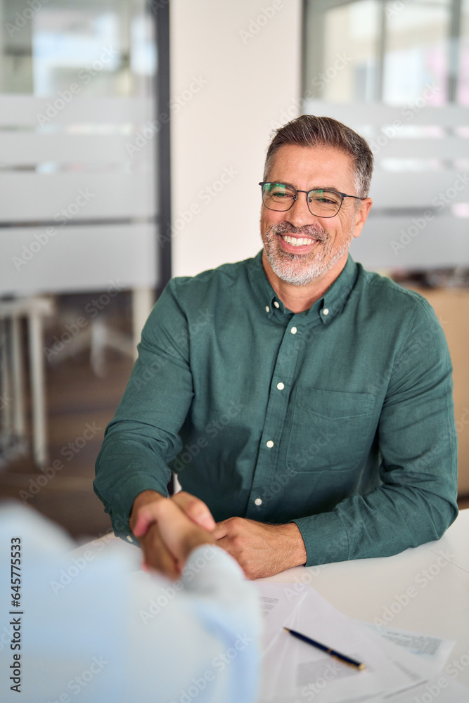 Happy middle aged older business man hr manager, lawyer and client ...