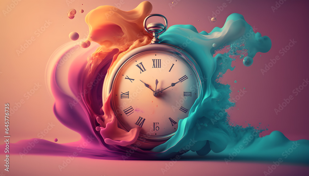mechanical clock in colorful clouds, values of time. the concept of the ...