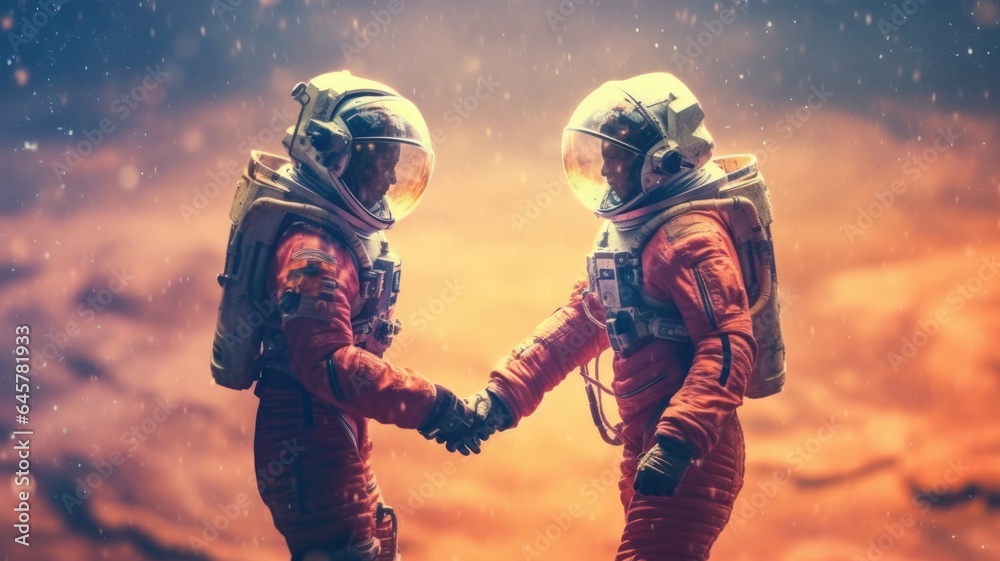 Astronaut couple holding each other's hands on space sky background ...