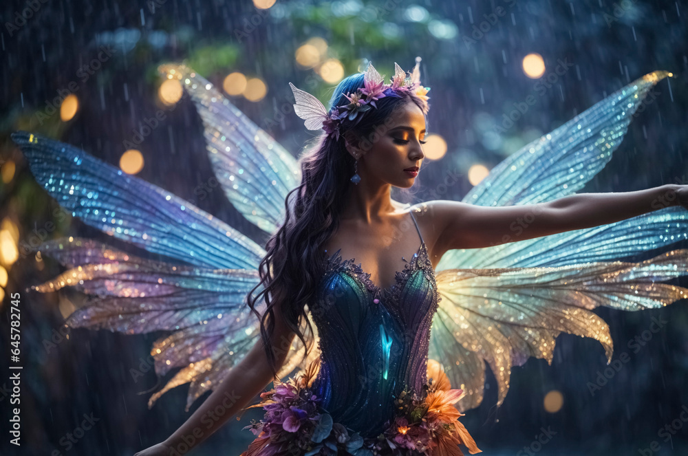 Beautiful fairy with bright, iridescent wings and long hair moves ...