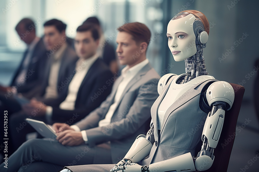 In a corporate office, a human-like female humanoid robot patiently ...