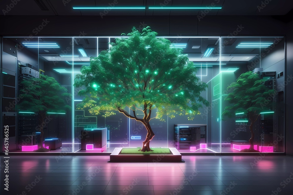 AI illustration of beautiful glowing tree growing on cities ...