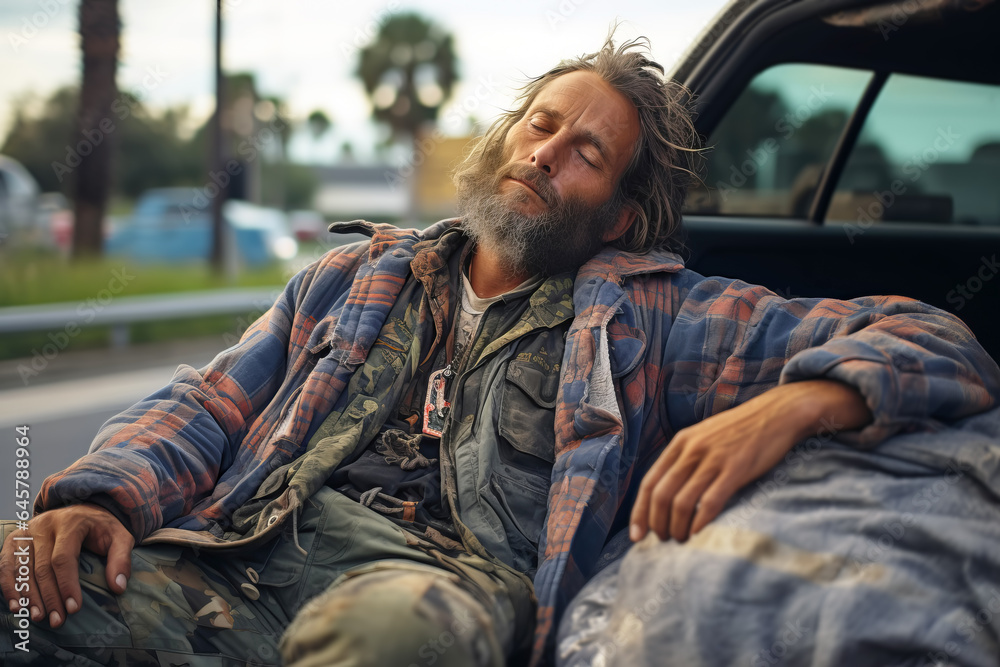 Homeless man sleeping sitting on street in big modern city Stock Photo ...