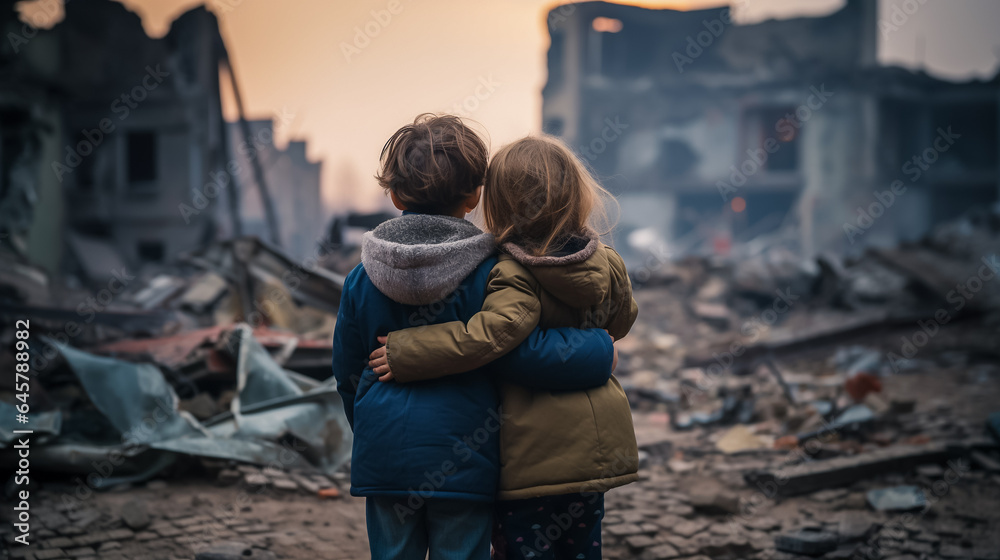 Poor little kids orphans hugging together with ruins of destroyed house ...