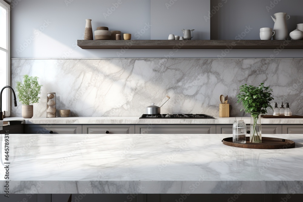 Close-up Marble granite kitchen counter island for product display on ...