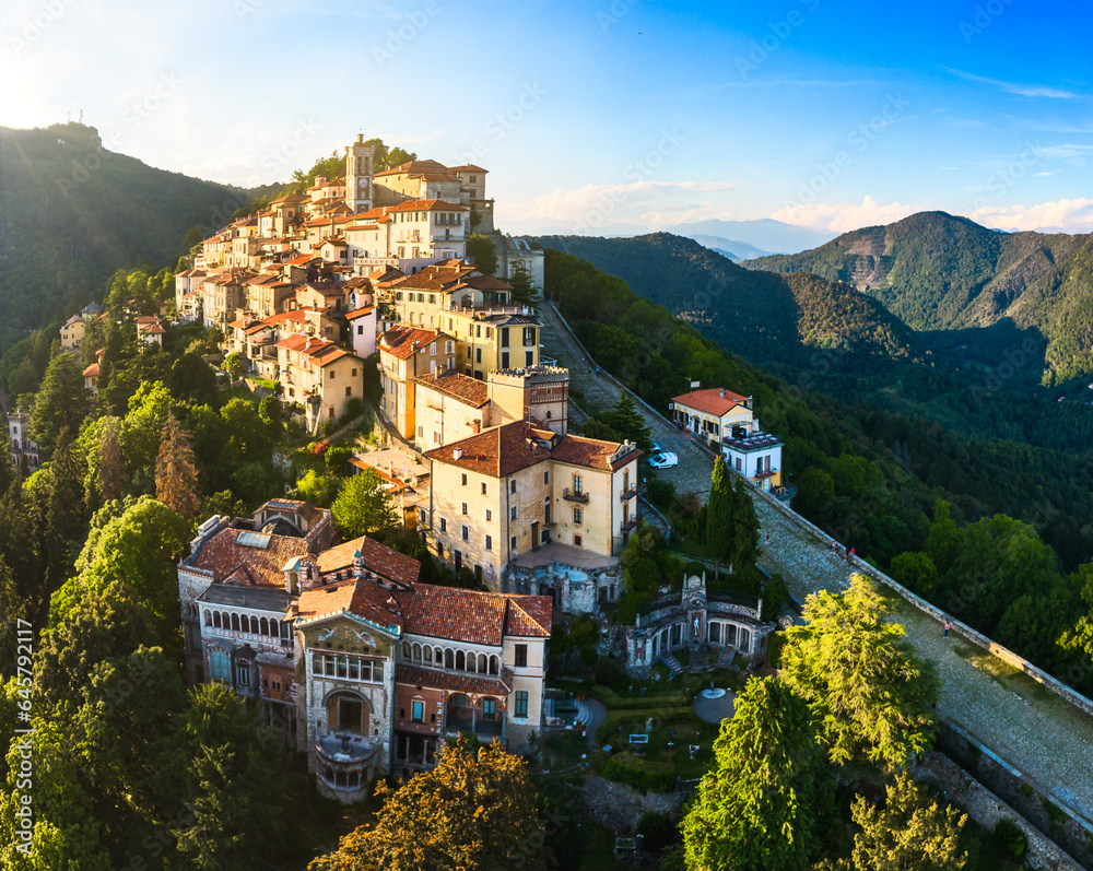 Aerial view of Sacro Monte di Varese during golden hour, Santa Maria ...