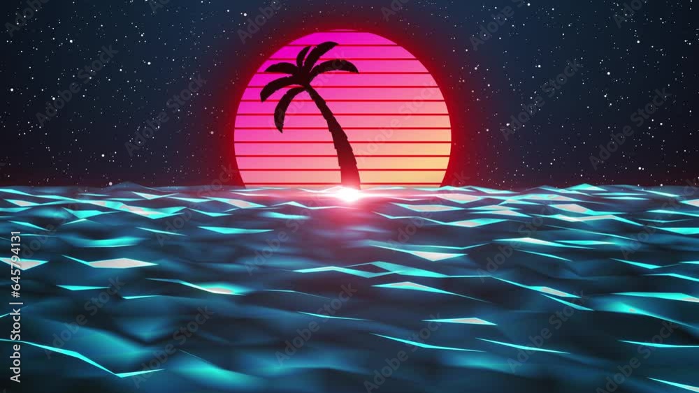 80's Style Retro Land Animation With low Poly Water Wave Background ...