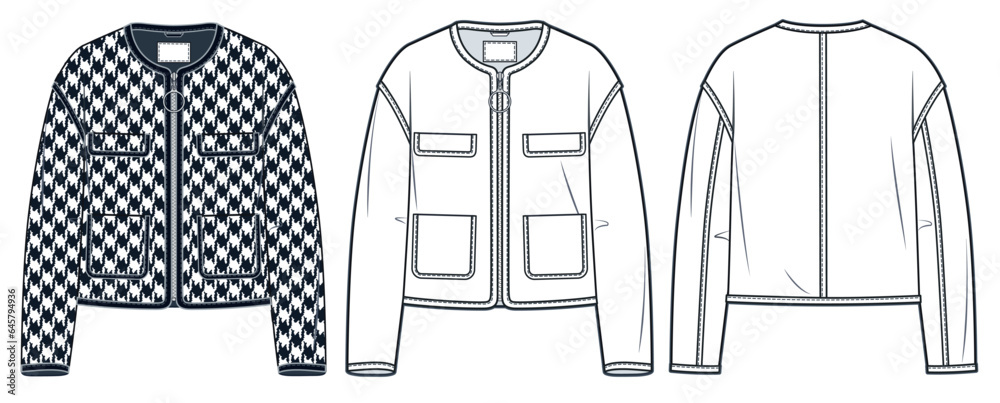Crop Jacket technical fashion Illustration, houndstootch design. Zipped ...