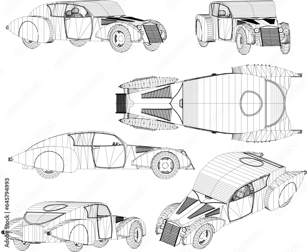 Vector sketch illustration of expensive vintage old classic car design ...