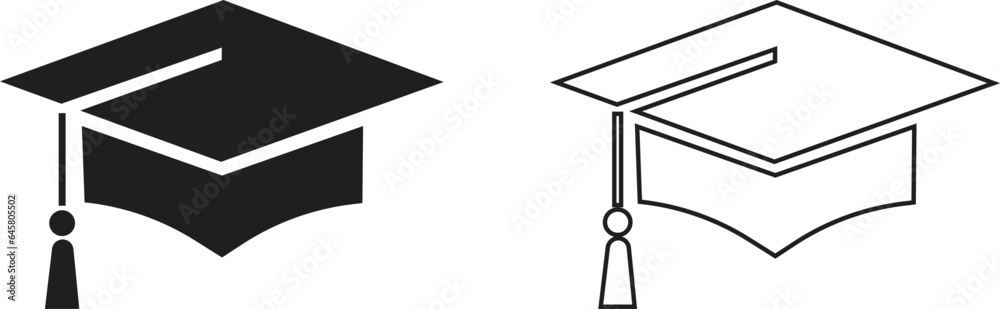 Graduation cap hat icon set in line and flat version, student hat sign ...