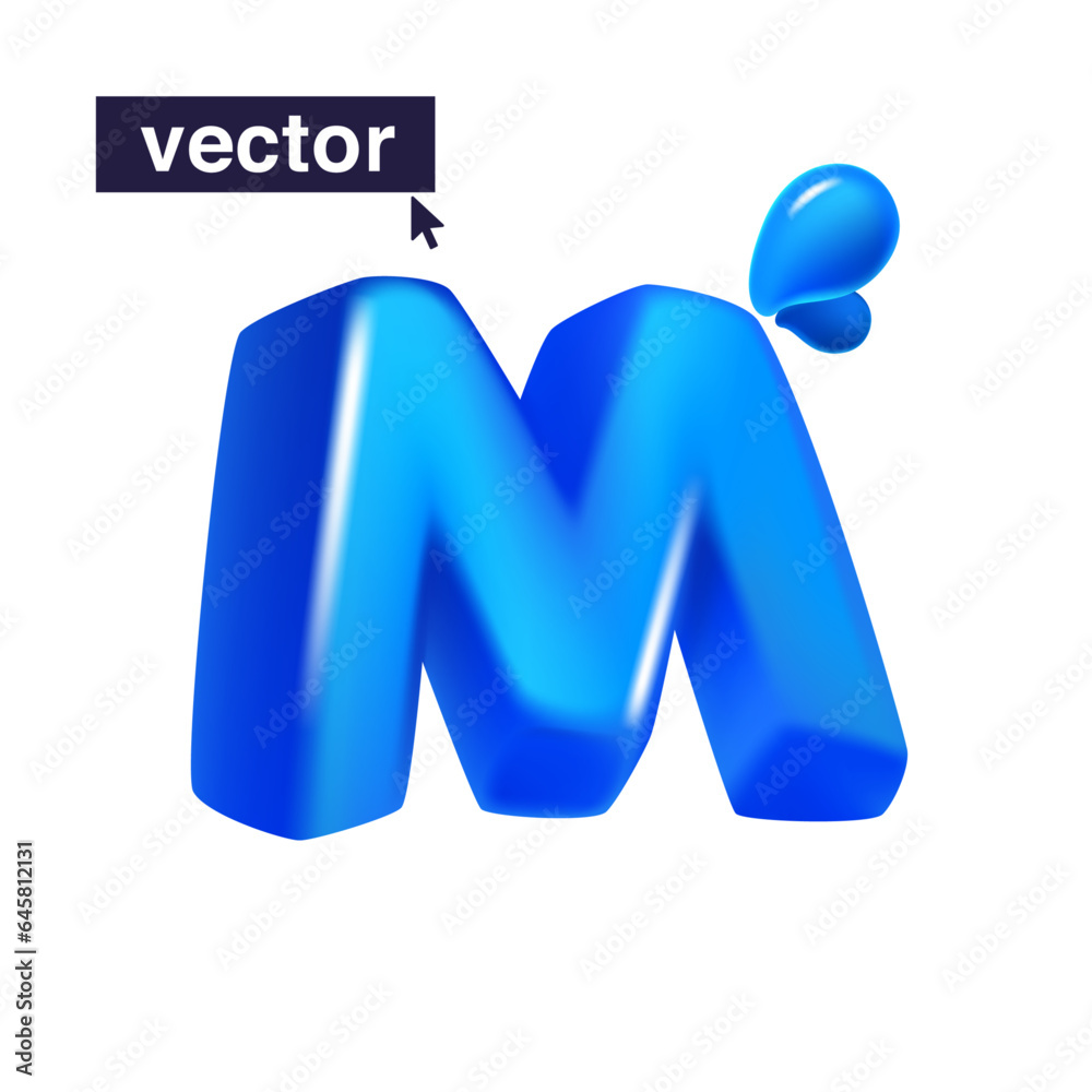 Letter M logo 3D render in cartoon cubic style made of blue clear water ...
