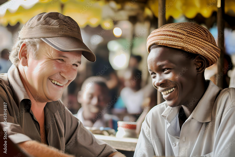 Young afro-american refugee with a man of European appearance laughing ...