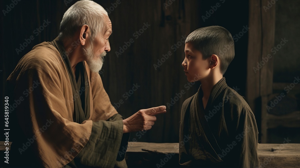 Chinese master and student in the traditional robes of monks sit and ...