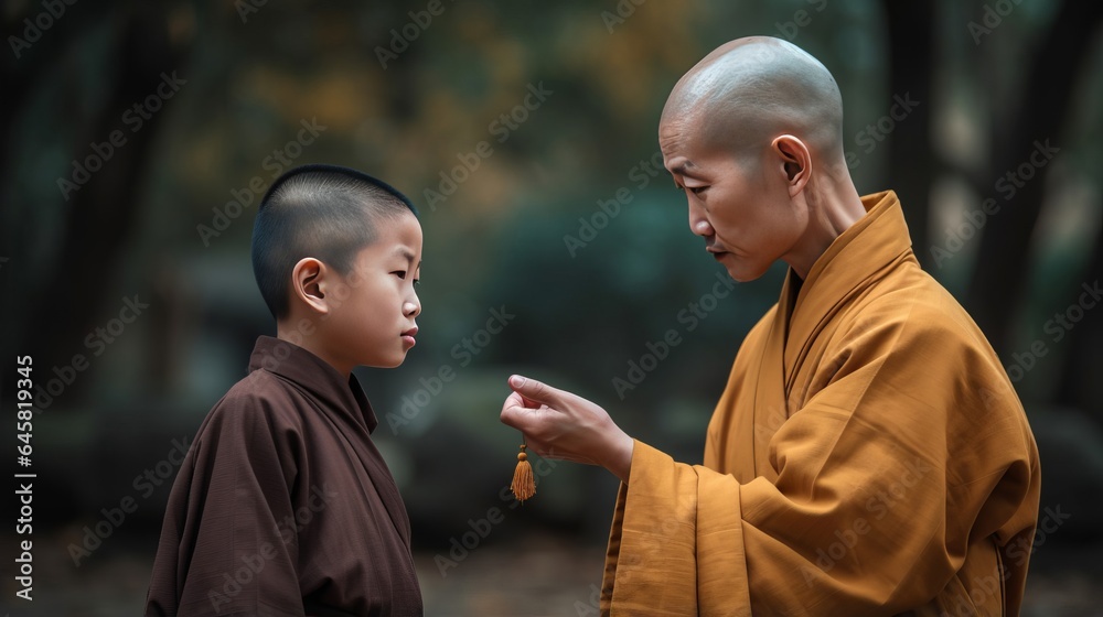 Chinese master and student in the traditional robes of monks sit and ...