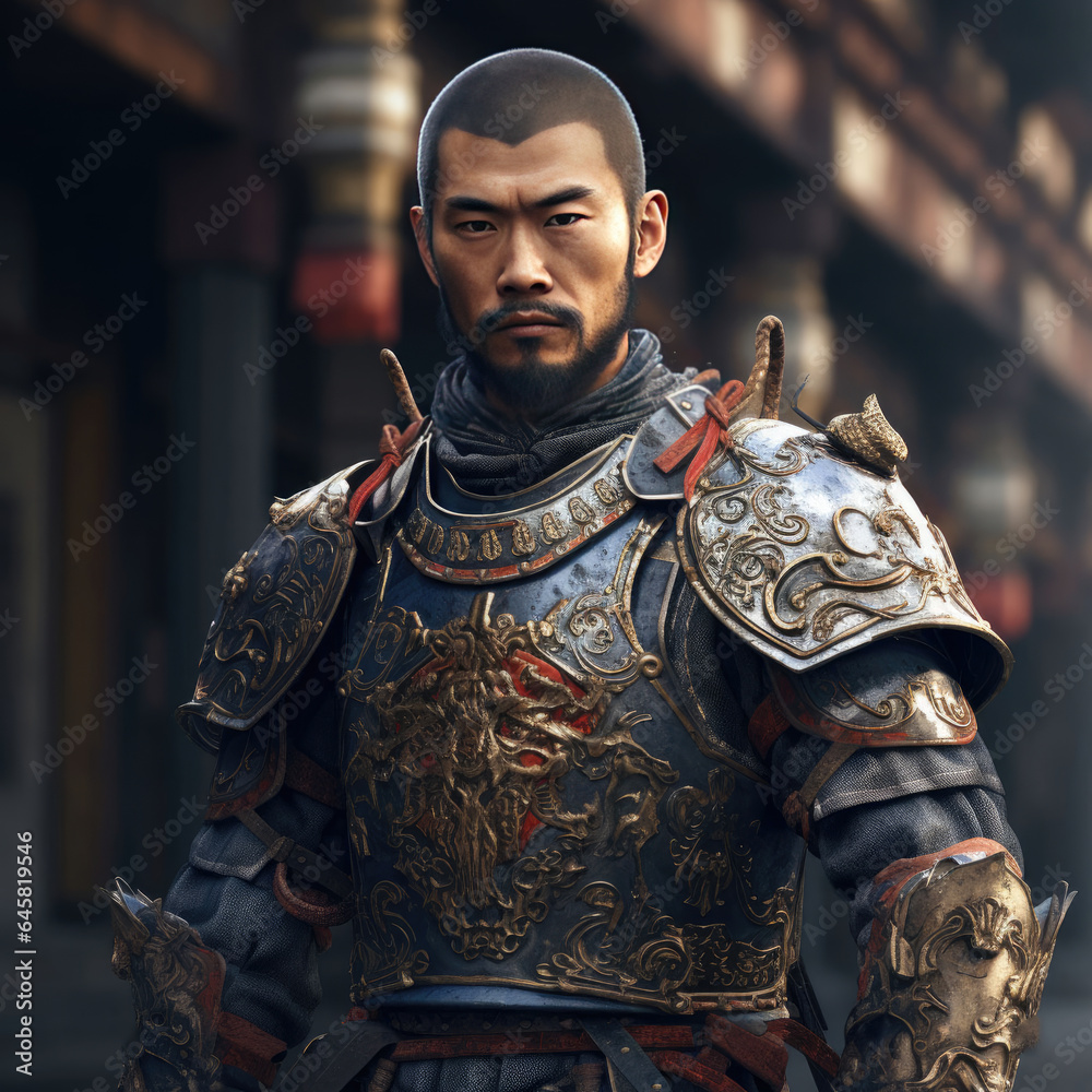 Medieval Chinese warrior in golden armor Stock Illustration | Adobe Stock