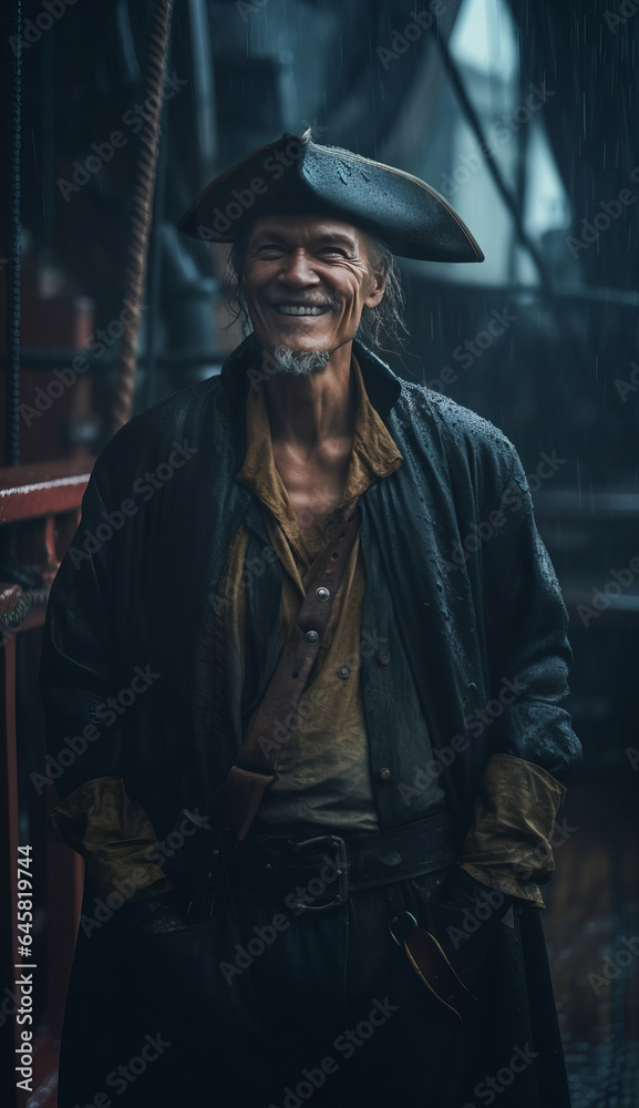 Medieval pirate in a cap and cloak on a ship in the rain Stock ...