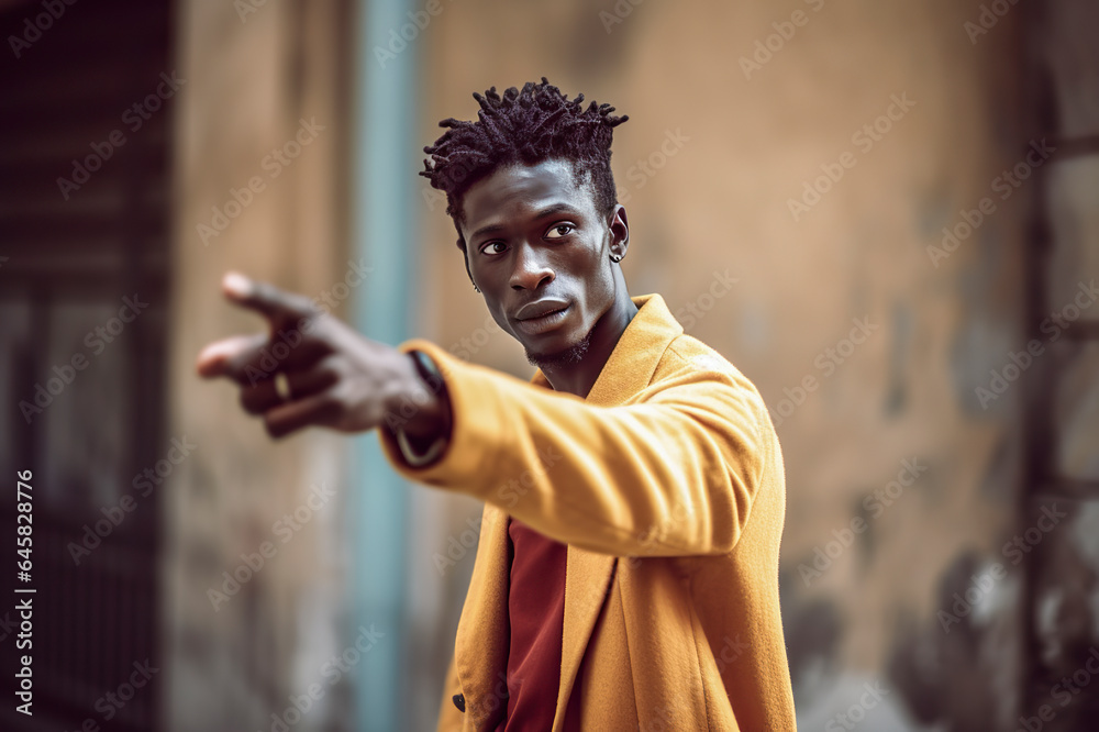 Confident Urban Guide: Young Black Man Points the Way in a Dynamic ...