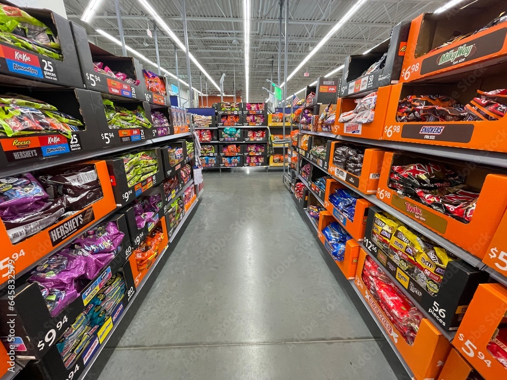 Walmart grocery store Halloween candy section down an aisle Stock Photo ...