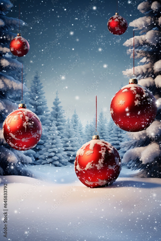 Weihnachtlicher Hintergrund mit Tannenbäumen und Schnee und roten ...