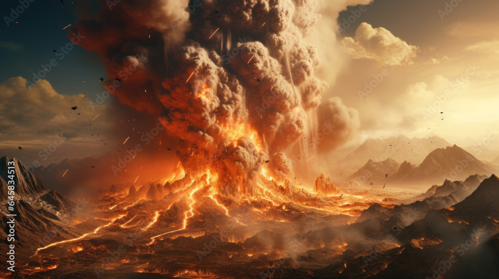 A violent eruption of fire and shrapnel, resembling a volcano of ...