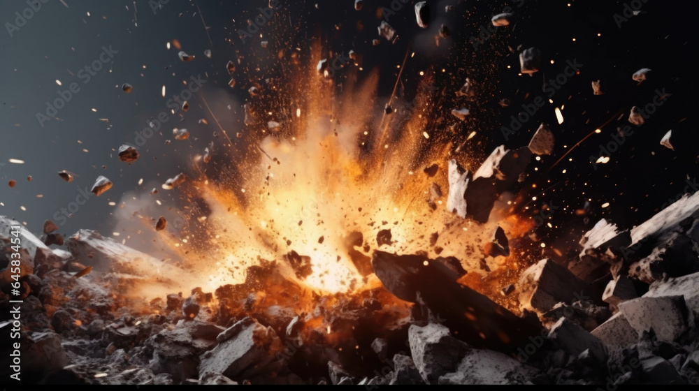A violent explosion fractures the ground and launches debris high into ...