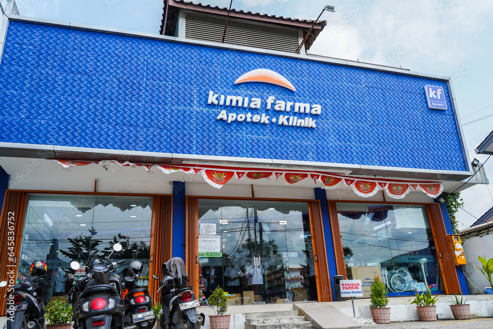 Indonesia, Jakarta, August 12, 2023, kimia farma apotek pharmacy company logo neon box sign ...