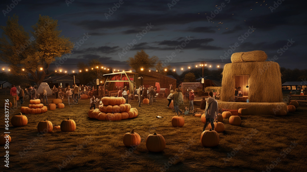 a fall harvest festival under a full moon, hay bales, children bobbing ...