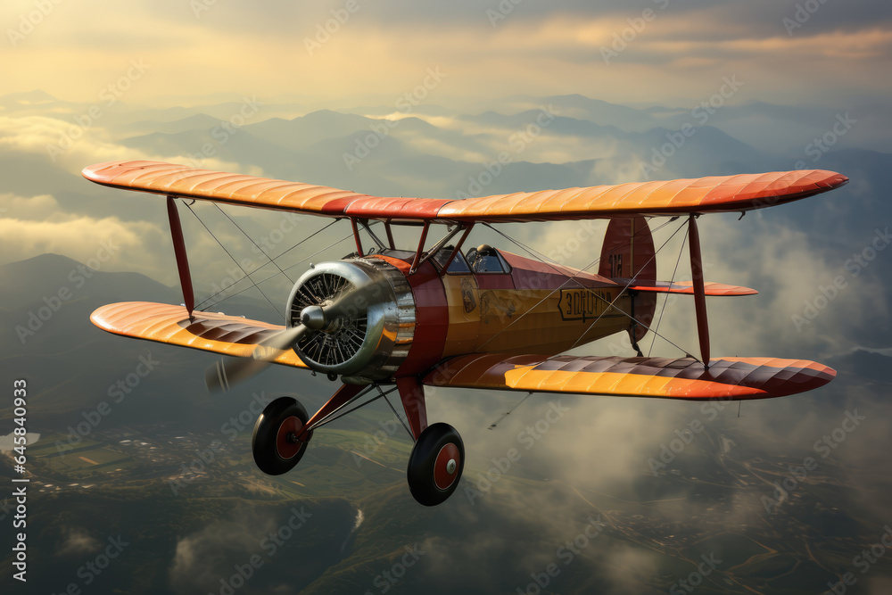 An antique biplane soaring through the sky, illustrating the early days ...