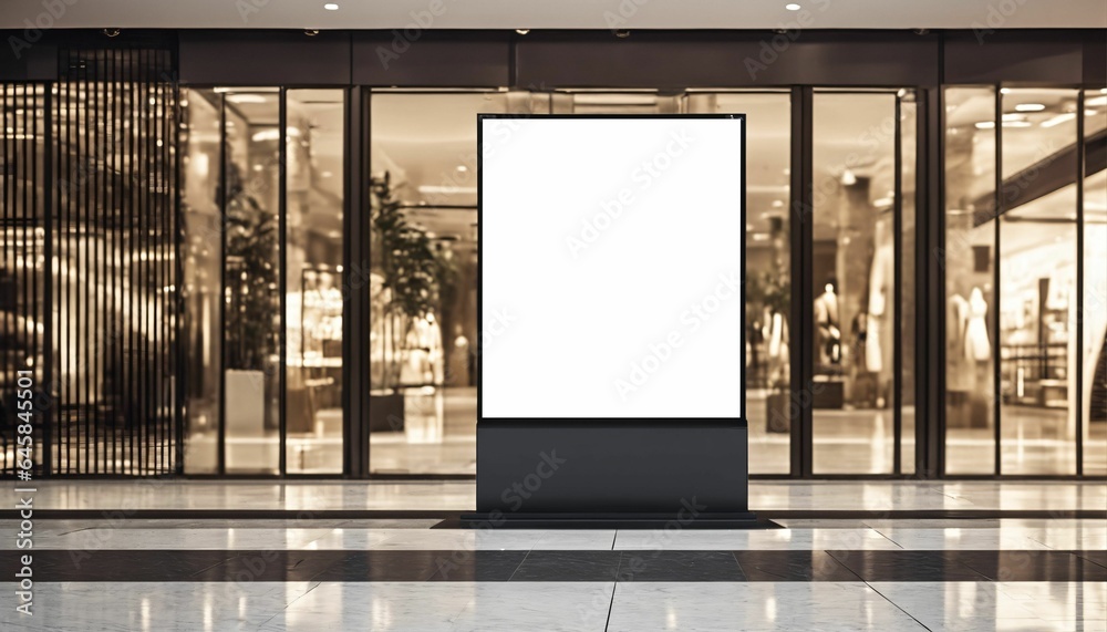 Shopping centre gallery with digital media blank black and white screen ...