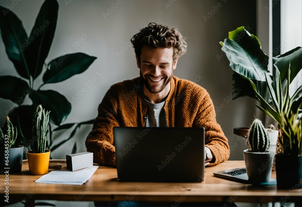 Foto de Young adult Gen Z happy smile work from home office relax sit ...