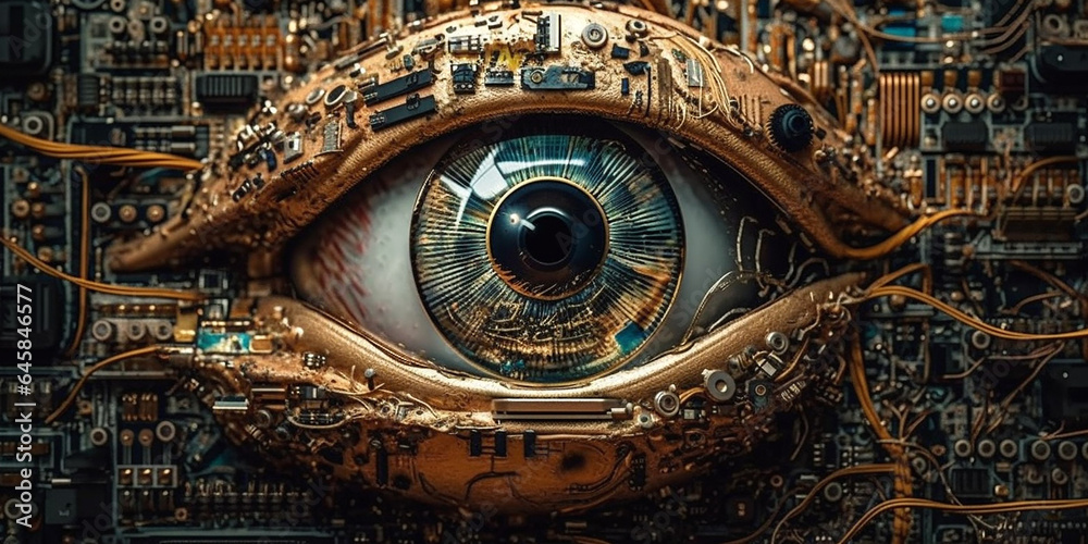 Computer vision. Electronic eye on a printed circuit board. Generative ...