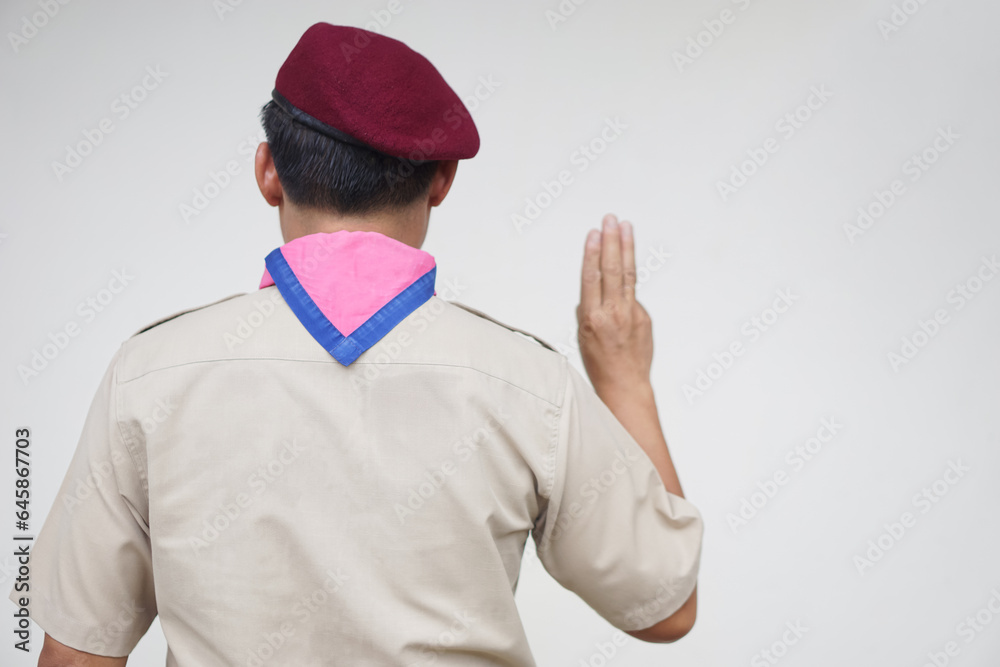 Back view of scout shows hand sign. Concept, Scout activity that ...