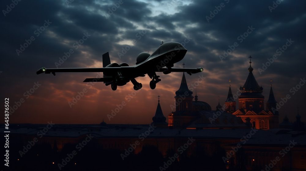 Combat drone weapon. military technology. Unmanned drone above city ...