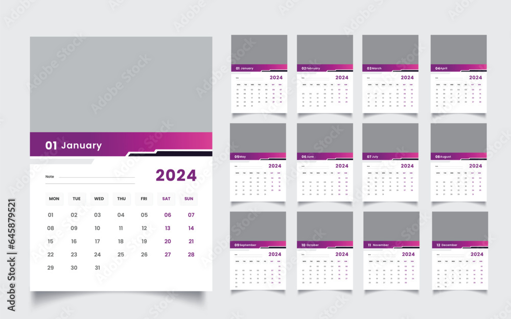 Monthly Wall calendar template for 2024 year. Week Starts on Sunday ...