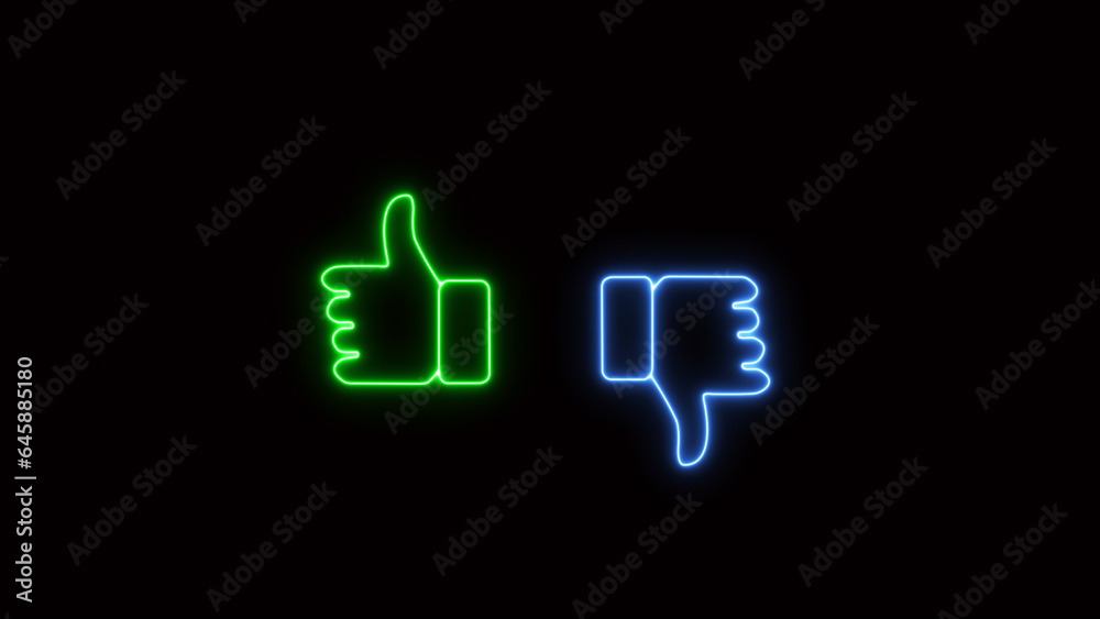 Like and unlike Icon in Neon animation. Light Glowing green and blue ...