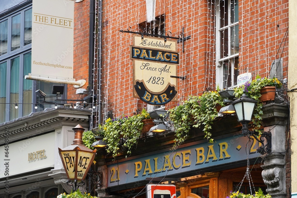 Outdoor signs on building wall for bar and hotel in Temple Bar area of ...