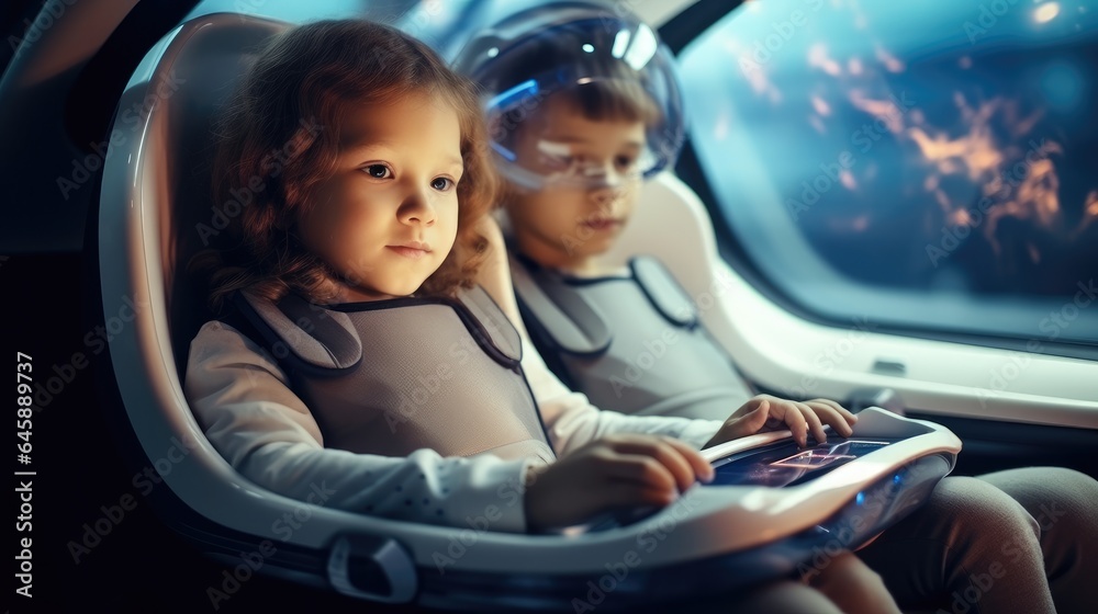 Two children are ride in a self driving car controlled by an artificial ...