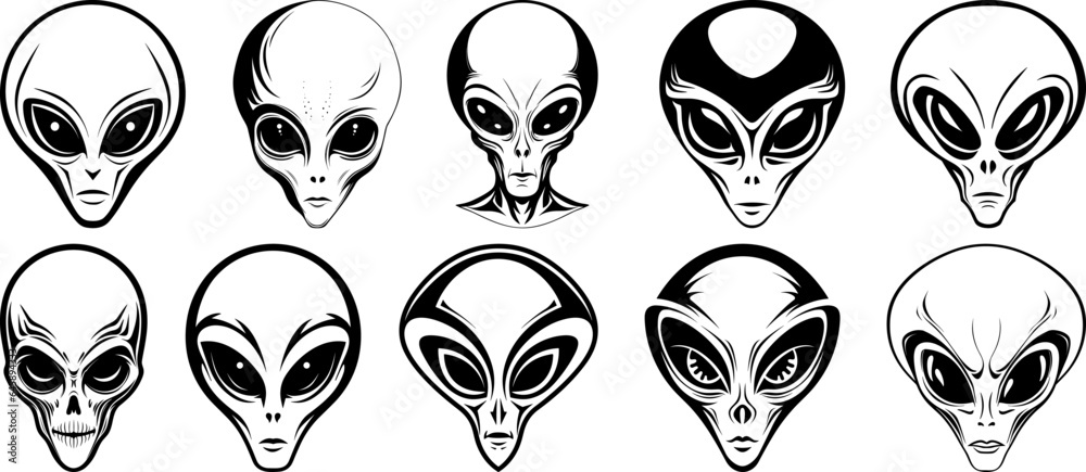 Alien portrait head face isolated black vector silhouette collection ...