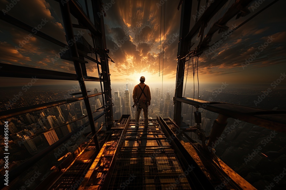 Construction Worker on Skyscraper: A construction worker balances on a ...