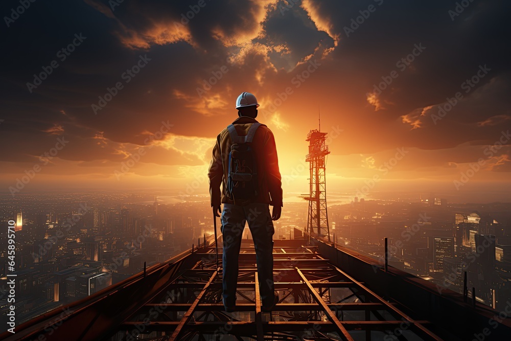 Construction Worker on Skyscraper: A construction worker balances on a ...