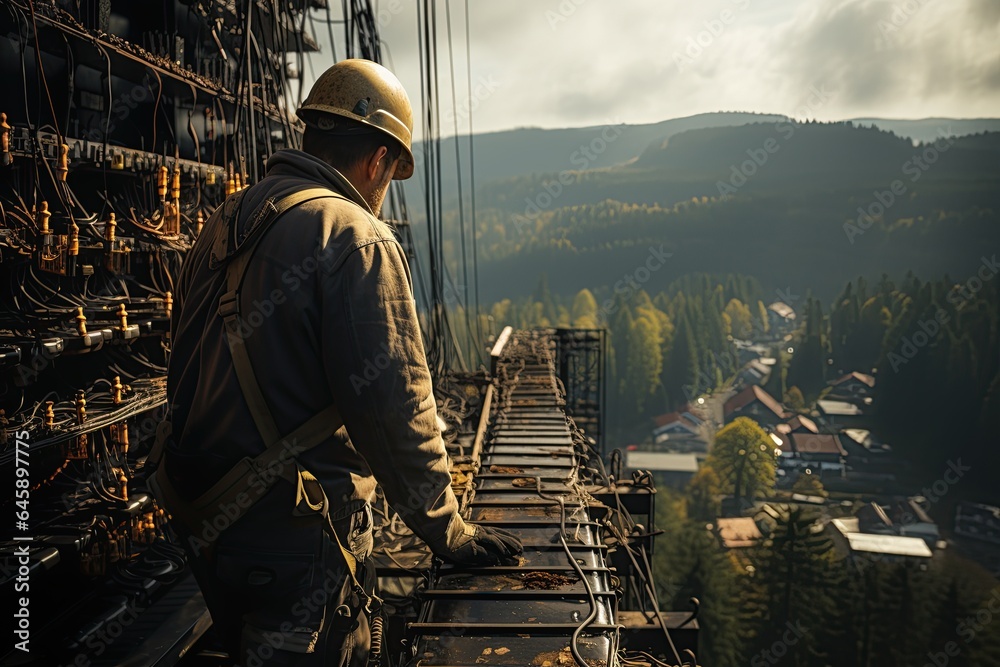 High-Voltage Power Line Technician: A technician works on power lines ...