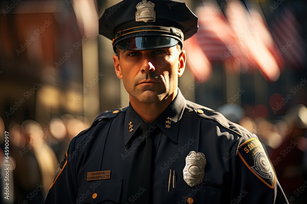 Police Officer: A police officer in uniform stands watchful on a city ...