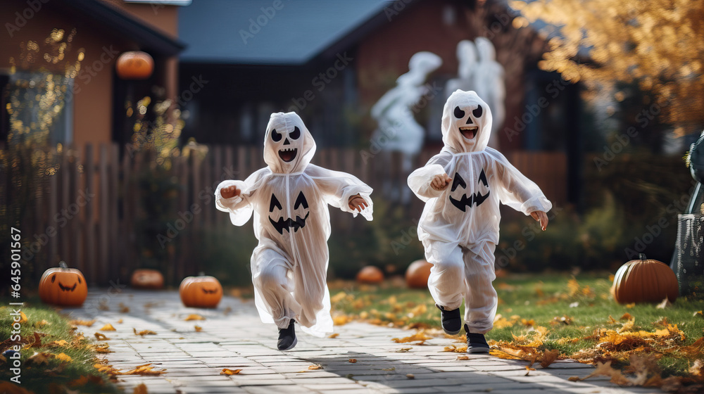Children wearing Halloween costumes running down the street, trick or ...