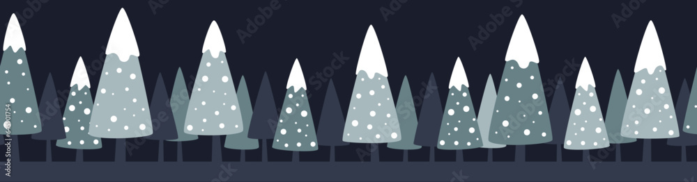 winter trees with snow, blue seamless border pattern, modern flat vector design for background ...