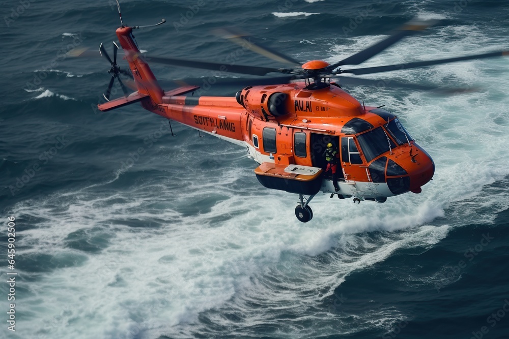 Coast Guard lifeguard descends from a helicopter onto a ship in the ...