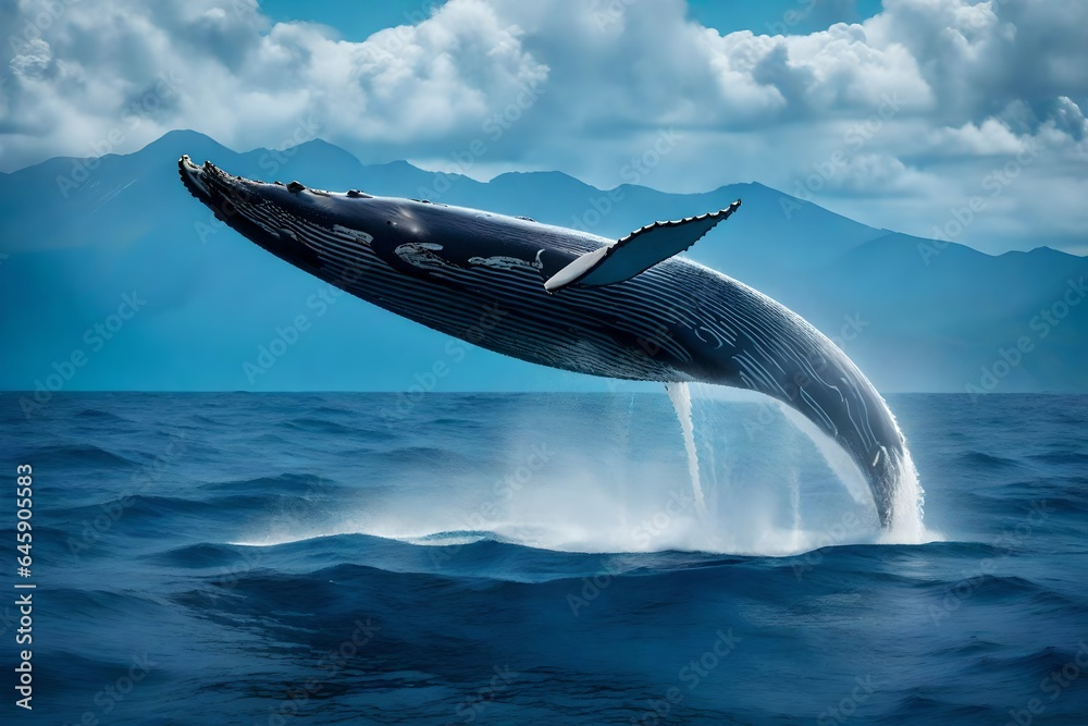 Craft an awe-inspiring image of a majestic humpback whale breaching the ...