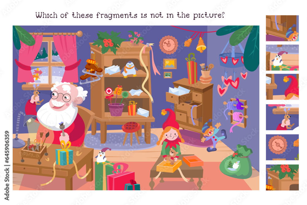 Find the hidden fragments. Educational game puzzle for kids. Cute Santa ...
