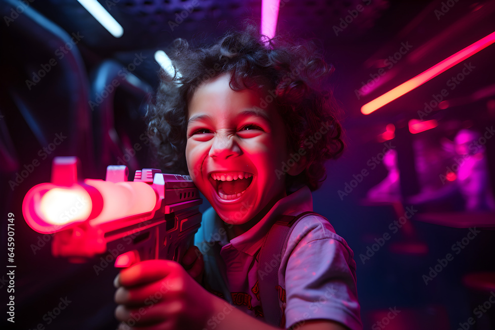 Happy child playing laser battle game Stock Photo | Adobe Stock