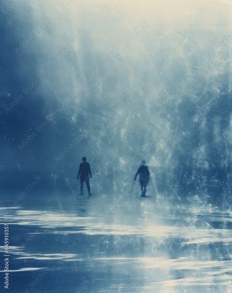 Cyanotype art, surfers at ocean, blue, afterimage, double exposure ...